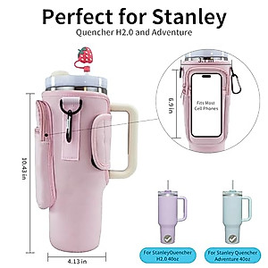 GUTAROR Water Bottle Carrier Bag Compatible with Stanley 30 40oz Tumbler with Handle, Water Bottle Holder with Adjustable Shoulder Strap 2 Straw Covers for Hiking Travelling Camping (Rose Quartz)