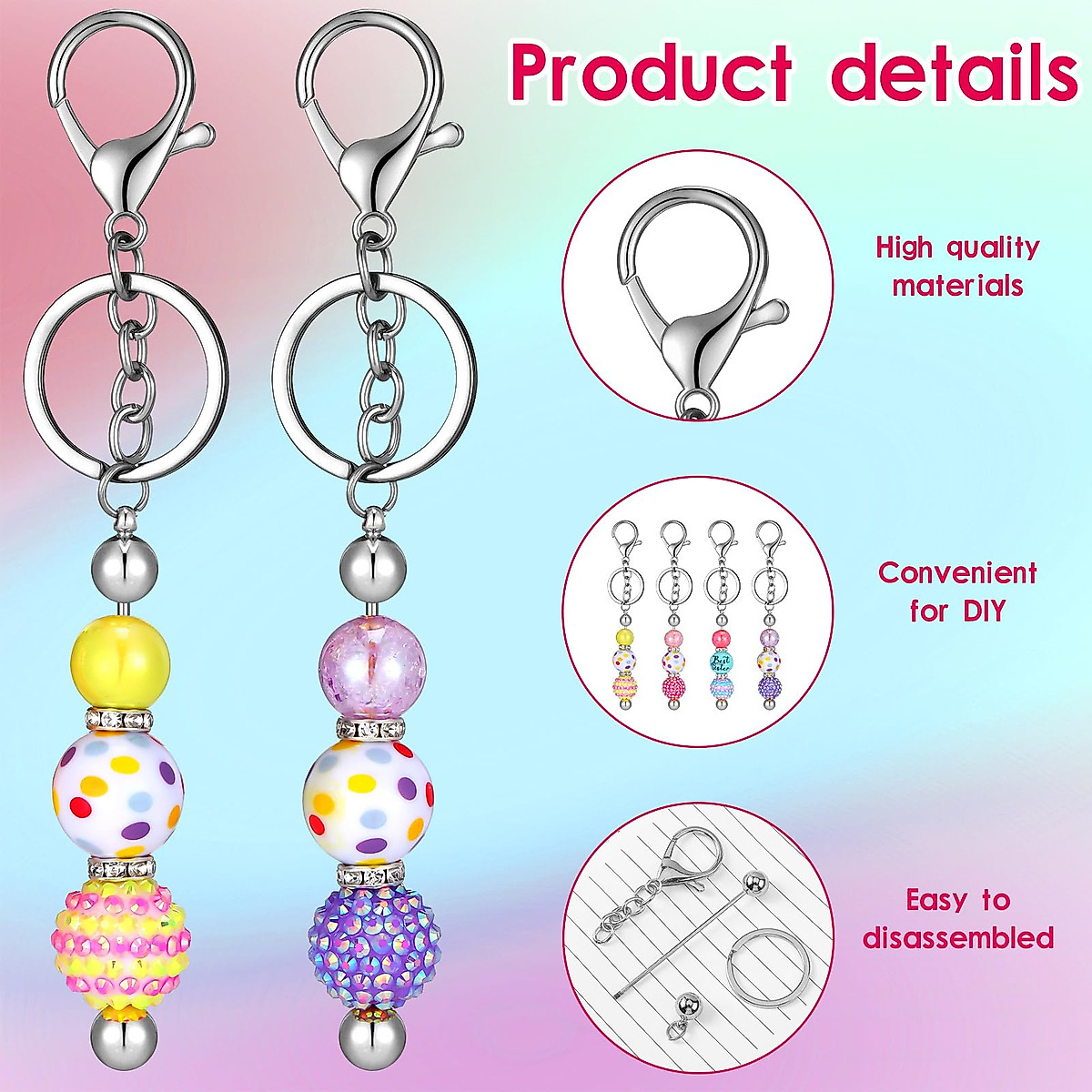 Sasylvia 30 Sets Beadable Keychain Kits Beaded Keychain Bars Resealable Pouch Bag Thank You Cards for DIY Crafts Jewelry Making