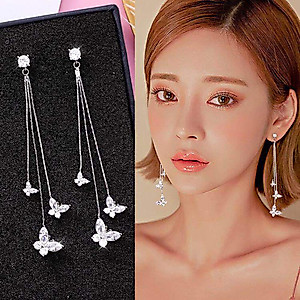 Crystal Butterfly Pendant Tassel Earrings Long Zircon Butterfly Drop Dangle Earrings Jewelry for Women Butterfly Earring (Silvr)