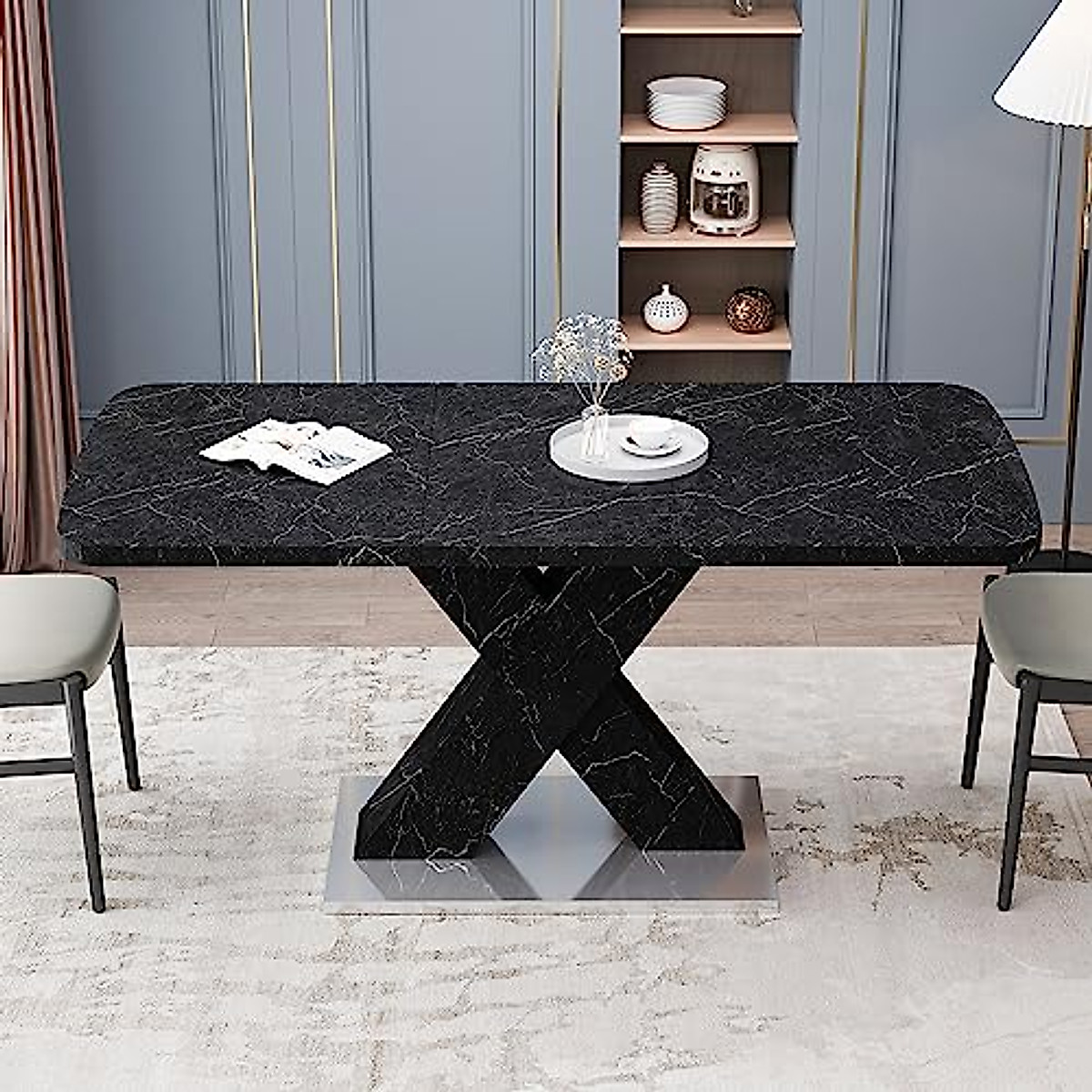 CEMKAR Modern Square Dining Table, 47.24”-62.99" L Stretchable, Printed Black Marble Table Top+MDF X-Shape Table Leg with Metal Base (Black)