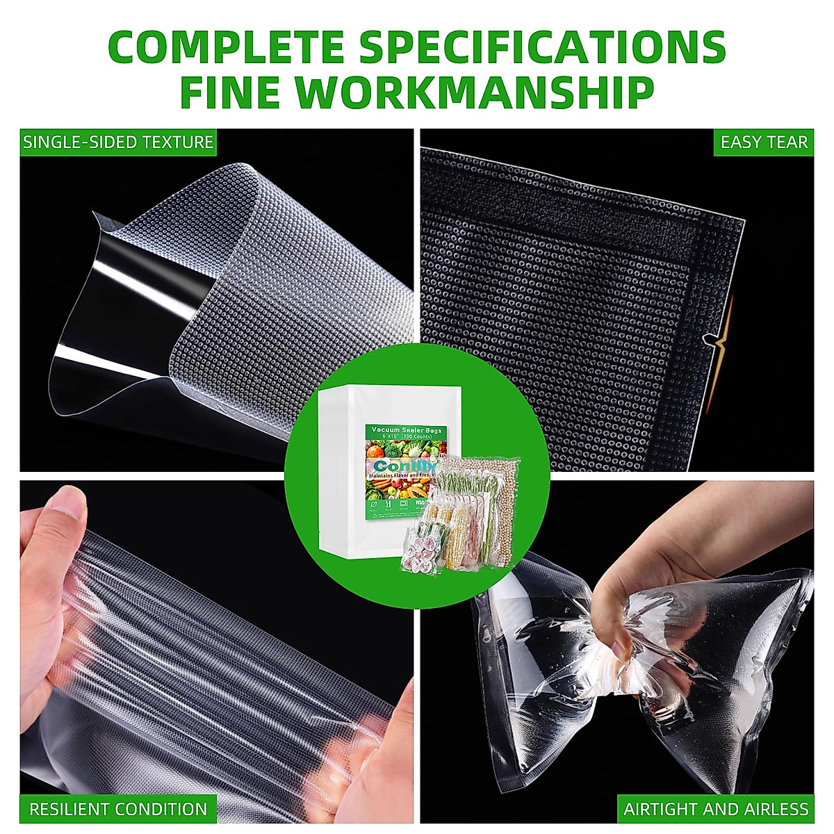 Conilly Vacuum Sealer Bags,100 Quart Size 8" X 12" Commercial Grade Sealer Bag, Bpa Free, Heavy Duty, Puncture Prevention, Great for Food Storage, Meal Prep or Sous Vide Cooking