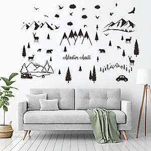 ANFRJJI Forest Theme Wall Decals - Dreamy Forest with Pine Tree, Deer, and Bears - Wild Mountain & Jungle RV Camping Wall Sticker - Adventure Awaits Wall Art | PVC Removable Wall Decals for Children's Room Decor effect 27"x38" Inches JWH206 (black RV camp