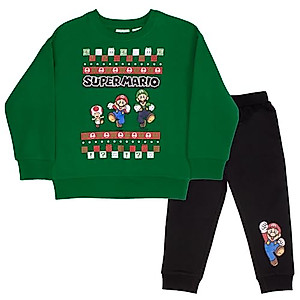 Nintendo Super Mario Bros Boys 2-Piece Set - Holiday Sweatshirt & Jogger Pants 2-Pack Bundle Set for Kids and Toddlers (Size 10-12, Green)