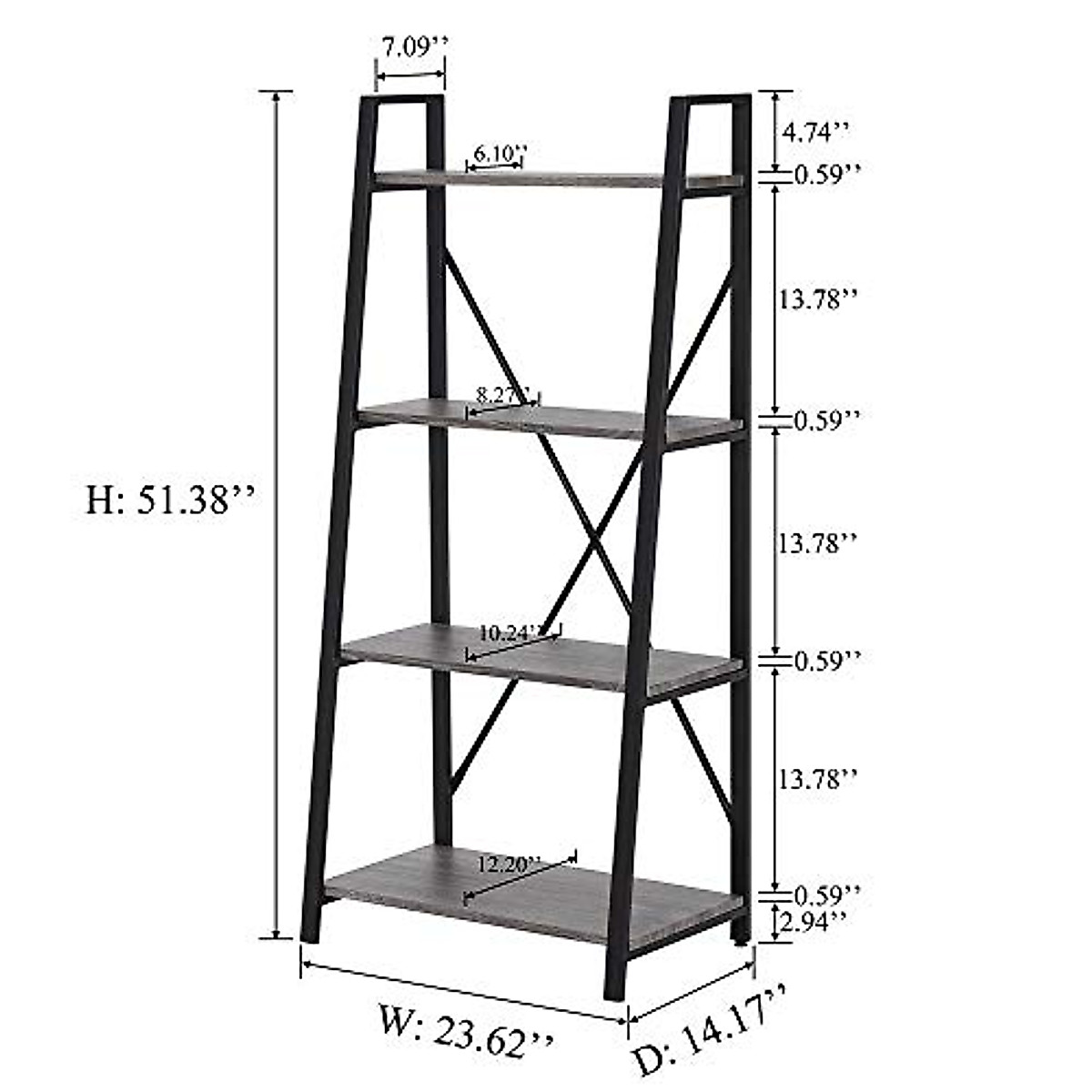 BON AUGURE Rustic Ladder Bookshelf, 4 Tier Industrial Ladder Shelf Bookcase, Standing Leaning Book Shelves for Living Room (Dark Gray Oak)