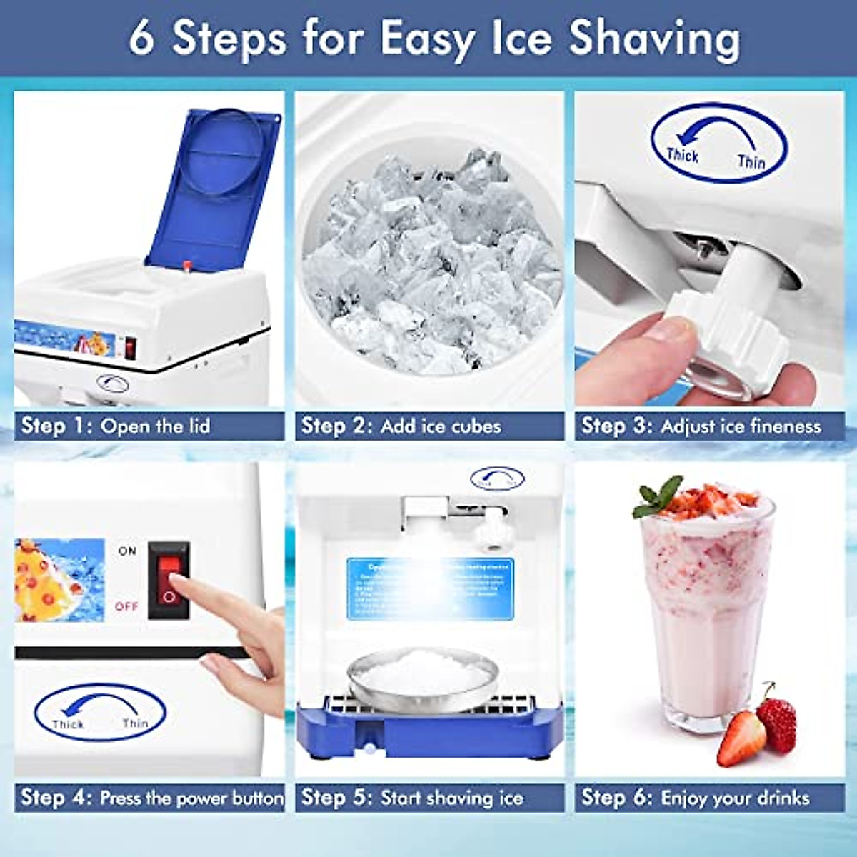 PETSITE Electric Ice Crusher Shaver, 250W Adjustable Shaved Ice Maker Machine, 265LBS/H, Snow Cone Maker for Home and Commercial Use, White Blue