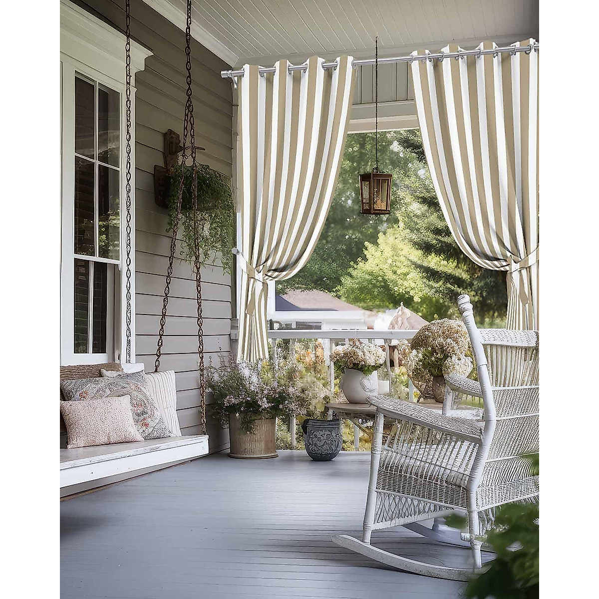 Outdoor Curtains for Patio Waterproof Stripe Indoor/Outdoor Curtain Tiebacks Khaki White Stripes Privacy Curtain Sun Blocking Farmhouse Grommet Drapes for Pergolas Gazebo Porch Balcony 2 Panel 54x84