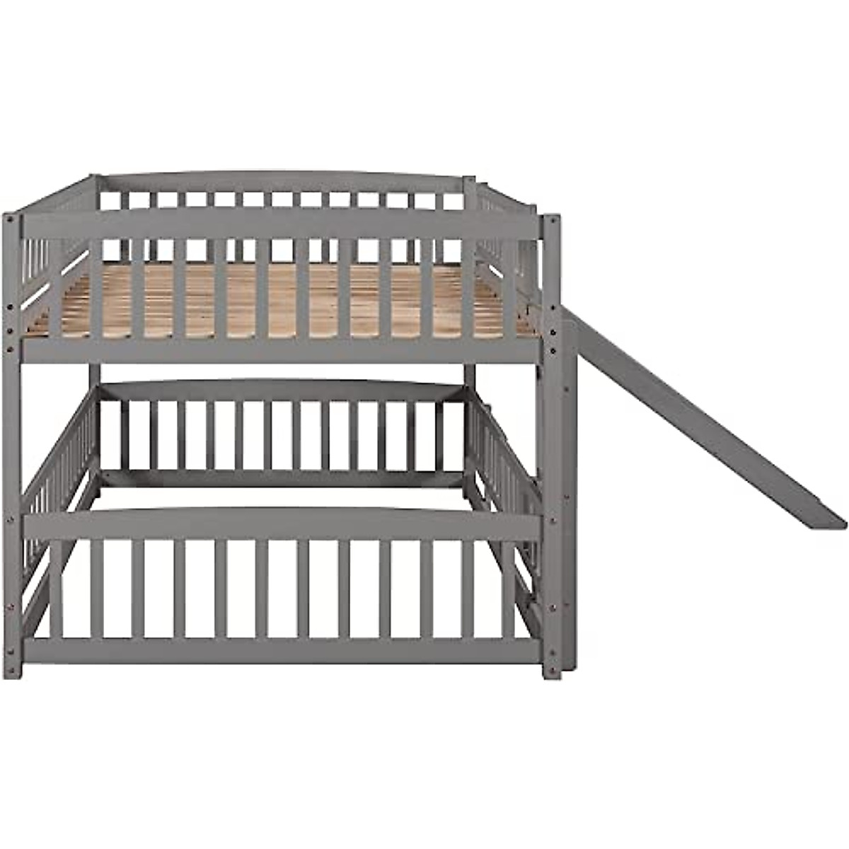 Harper & Bright Designs Low Bunk Beds Full Over Full, Wood Kids Bunk Bed with Slide, Fence and Ladder, Full Size Bunk Beds for Girls Boys, Grey