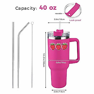 40 ounce insulated cup with handle, double-layer vacuum stainless steel material, equipped with straw, can keep warm or maintain cold drinks Fruit Strawberry Bright pink