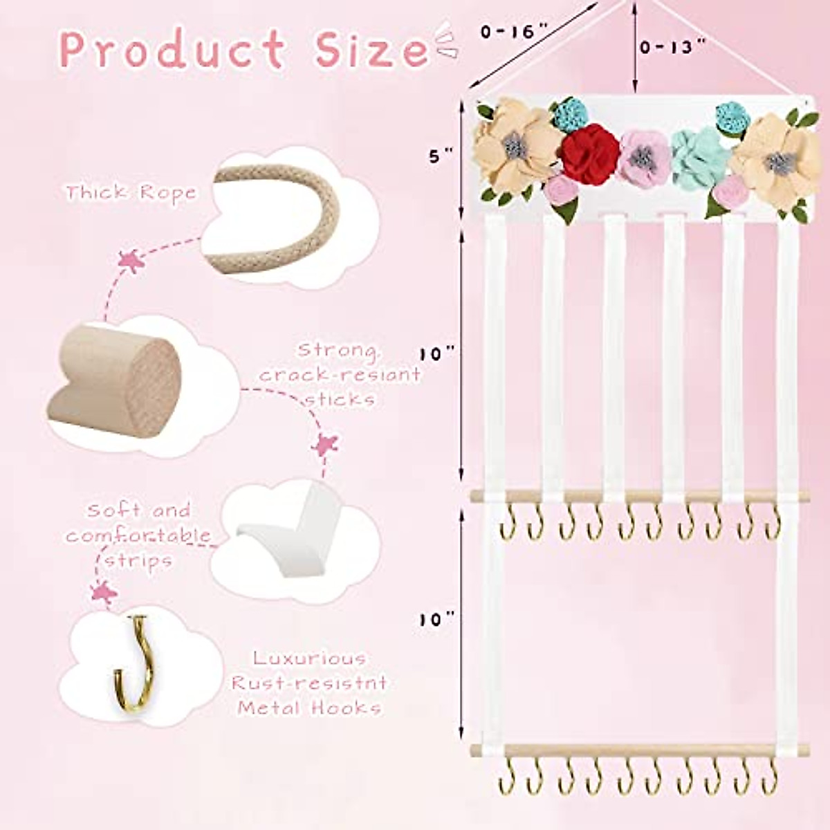 VOBOBE Headband and Bow Organizer for Girls Hair Bows, Baby Headbands Storage Holder Bows Hanging Organizer for Girls Room, Wall, Door, Closet