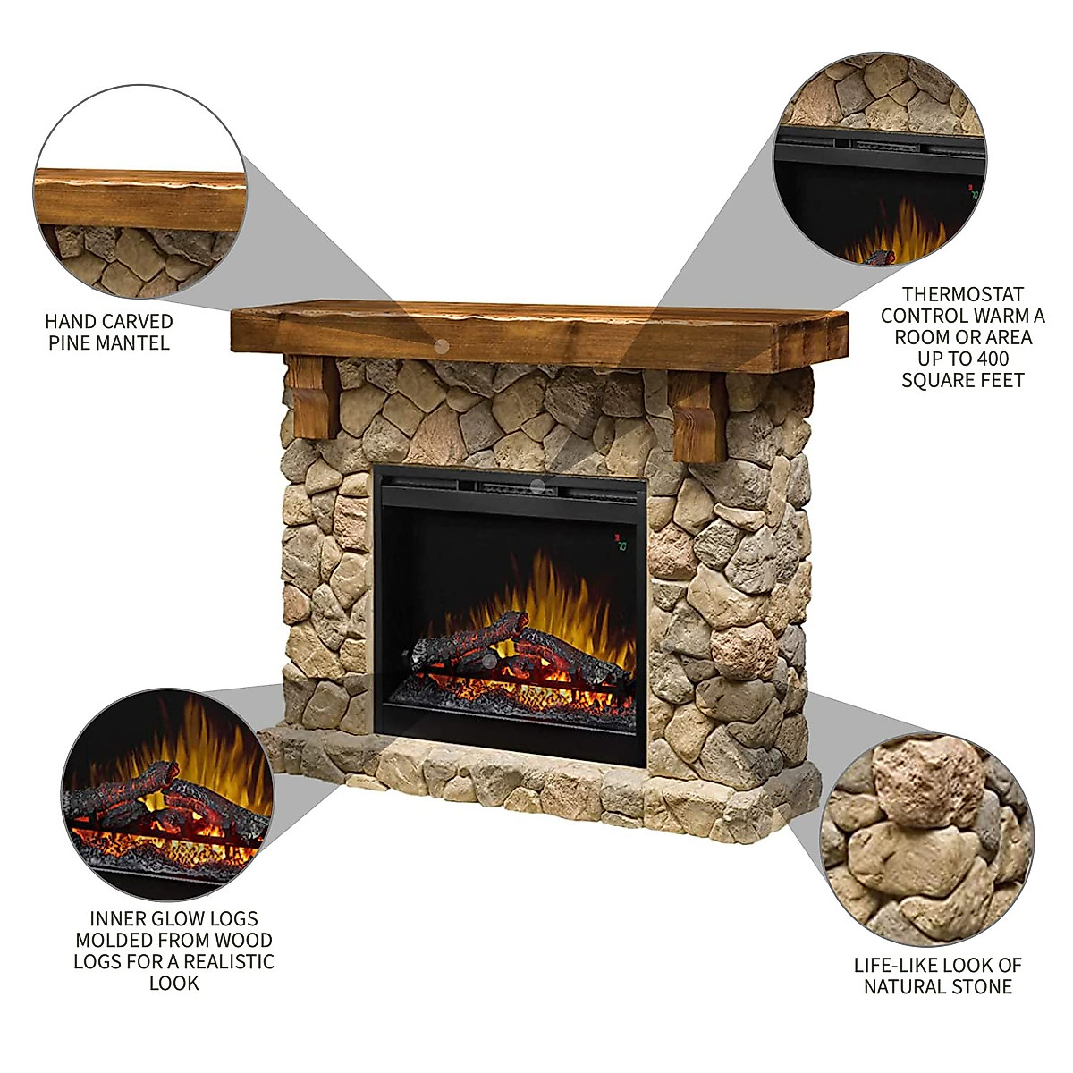 Dimplex Fieldstone Electric Fireplace with Mantel Surround Package | Pine with Natural Stone-look, 26" - #GDS28L8-904ST
