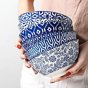 Selamica Blue and White Porcelain 20oz Cereal Bowl Set - Set of 6, 6 inch Soup Bowls, Ceramic bowls for Cereal, Soup, Salad and Pasta, Vintage Blue, Gift Pack