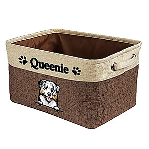 MALIHONG Personalized Foldable Storage Basket with Cute Dog Australian Shepherd Collapsible Sturdy Fabric Pet Toys Storage Bin Cube with Handles for Organizing Shelf Home Closet, Brown and White