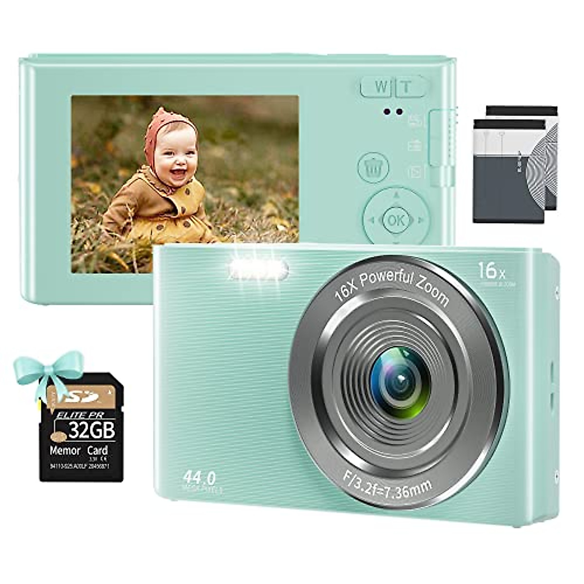 UIKICON Digital Camera, FHD 1080P Kids Camera Video Camera with 32GB SD Card 16X Digital Zoom, Compact Point and Shoot Camera Portable Small Camera for Teens Students Boys Girls - Green