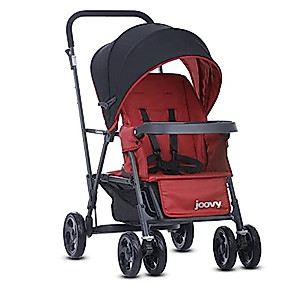 Joovy Caboose Sit and Stand Double Stroller with Rear Bench and Standing Platform, 3-Way Reclining Seats, Optional Rear Seat, and Universal Car Seat Adapter (Red)
