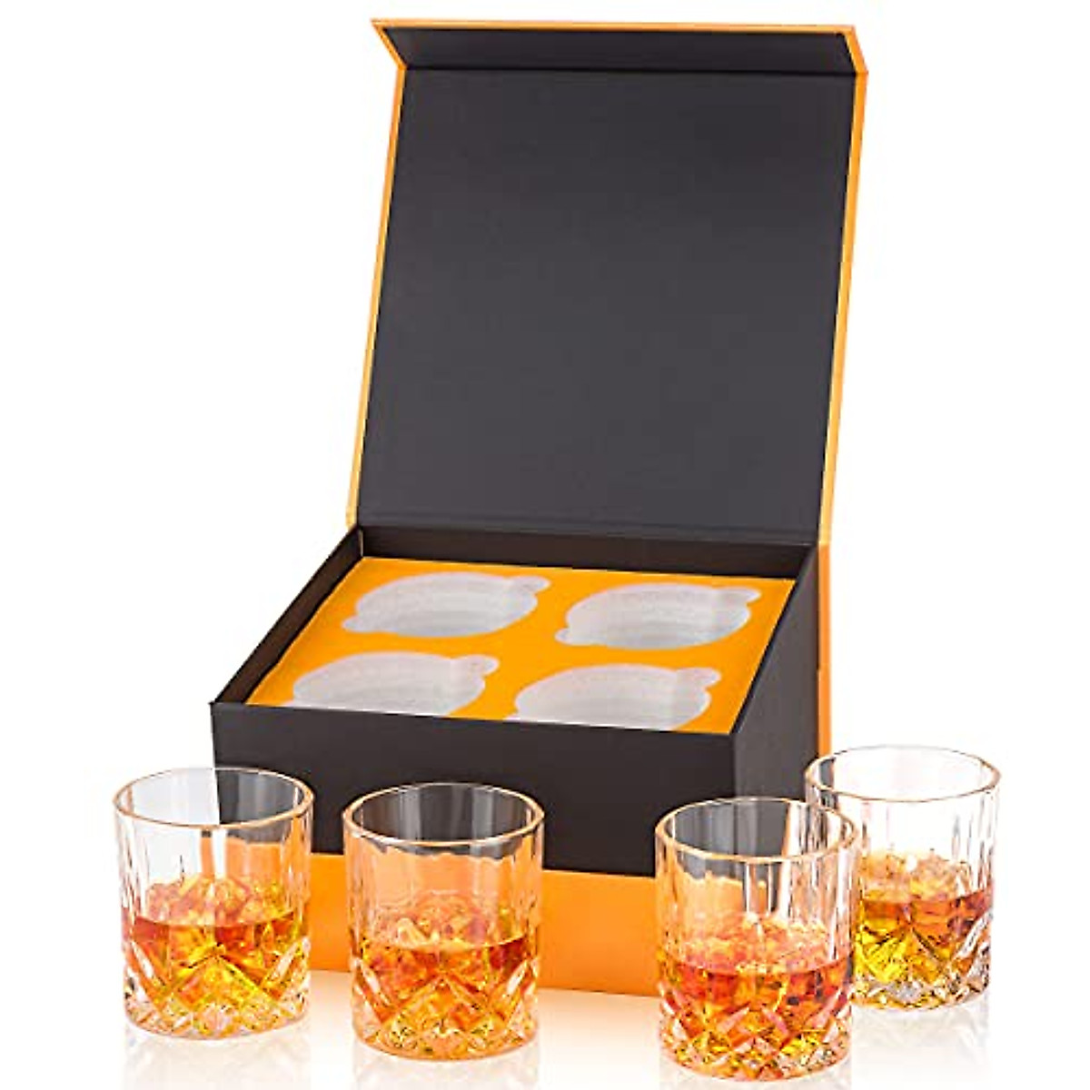 calliva von Old Fashioned Bourbon Glass, Set of 4 Crystal Whiskey Glasses In Gift Box. Rocks Glass for Scotch Irish Whisky Cocktail Cognac Snifter Rum Tequila Drinking, Best Lowball Tumbler 10oz