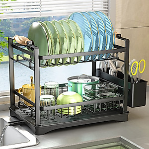 SNTD Dish Drying Rack, 2-Tier Dish Rack with Drainboard Auto Drain Spout, Kitchen Counter Dish Drainer with Utensil Holder Sink Caddy, Dish Dryer Rack Over Sink Organizer Black