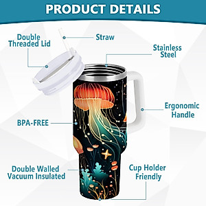 ARGTILDN 40 oz Tumbler Sea Jellyfish Glow Insulated Travel Mug with Handle and Straw Lid Stainless Steel Vacuum Coffee Cup Tea Beverage Container Water Bottles for Car Sports office