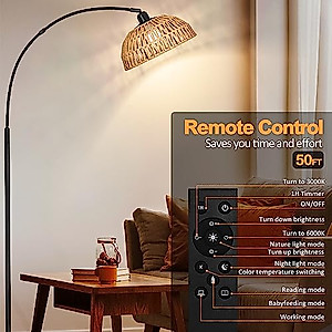 Rattan Floor Lamp- Arc Floor Lamp Boho with Remote and Stepless Dimmable Bulb, 70" Black Arched Standing Floor Lamp with 360° Adjustable Rattan Lampshade, Farmhouse Over Couch Lamp for Living Room