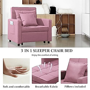 GOOGIC Convertible Chair Bed - Folding Sofa Bed Chair with Adjustable Backrest, 3-in-1 Multi-Functional Pull Out Sleeper Chair Bed Single Armchair Sofa Bed with Side Pocket (Pink)