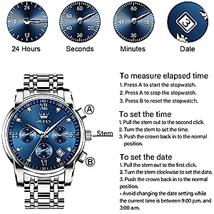Men's Diamond Watches Blue Dial Roman numerals Chronograph Watches for Men Stainless Steel Band Fashion Luminous Hands Multi-Function Quartz Watches Water Resistant Silver Tone Men Watch with Date