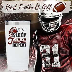 Onebttl Football Lovers Gifts, Funny American Football Gifts for Coach, Men, Dad on Birthday Christmas, 20oz Stainless Steel Tumbler, White, Eat Sleep Football Repeat