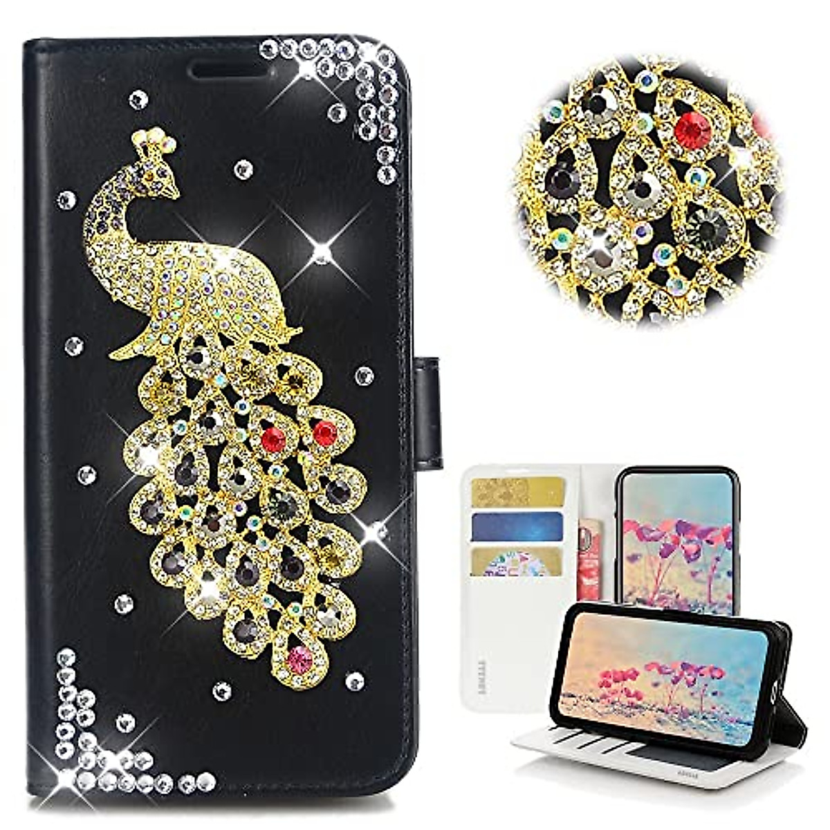 STENES Bling Wallet Phone Case Compatible with Samsung Galaxy Z Fold 2 5G - Stylish - 3D Handmade Crystal Peacock Magnetic Wallet Leather Cover with Neck Strap Lanyard & Screen Protector - Black
