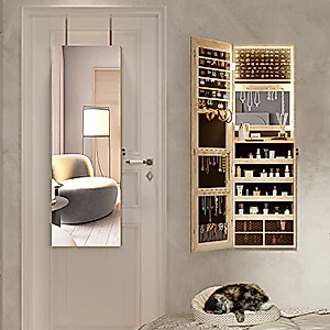 Vlsrka Mirror Jewelry Cabinet, Upgraded 3 LED Lights Wall/Door Mounted Jewelry Armoire Organizer, 47.2" Full Length Mirror with Storage, Built-in Lighted Mirror, 4 Drawers, 5 Shelves, Lockable, Wood