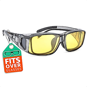 LVIOE Wrap Around Night-Vision Glasses, Fit Over Prescription Glasses with Polarized Yellow Lens Night-Driving Glasses
