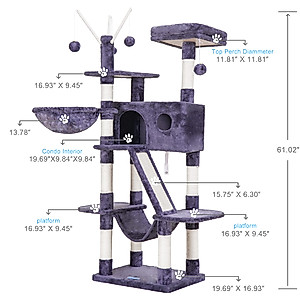 Hey-brother Cat Tree, 61 inch Cat Tower for Indoor Cats, Cat House with Padded Platform Bed, Toy Balls, Large Cozy Condo, Hammocks and Sisal Scratching Posts, Smoky Gray MPJ019G