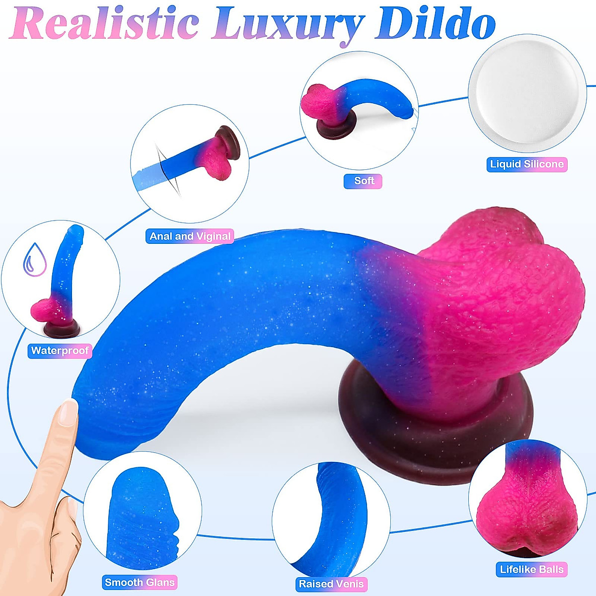 Liquid Silicone Realistic G Spot Dildo Adult Sex Toys for Women or Men, Gradient Color Strap on Jelly Dildos for Lesbians, Soft Thick Anal Dildo with Strong Suction Cup for Anal Sex Blue
