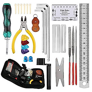 28PCS Guitar Tool Kit,Guitar Repair Tools Kit,Professional Guitar Repairing Maintenance Tool Kit with Wire Plier String Organizer Fingerboard Protector Hex Wrenches Files String Action Ruler Spanner