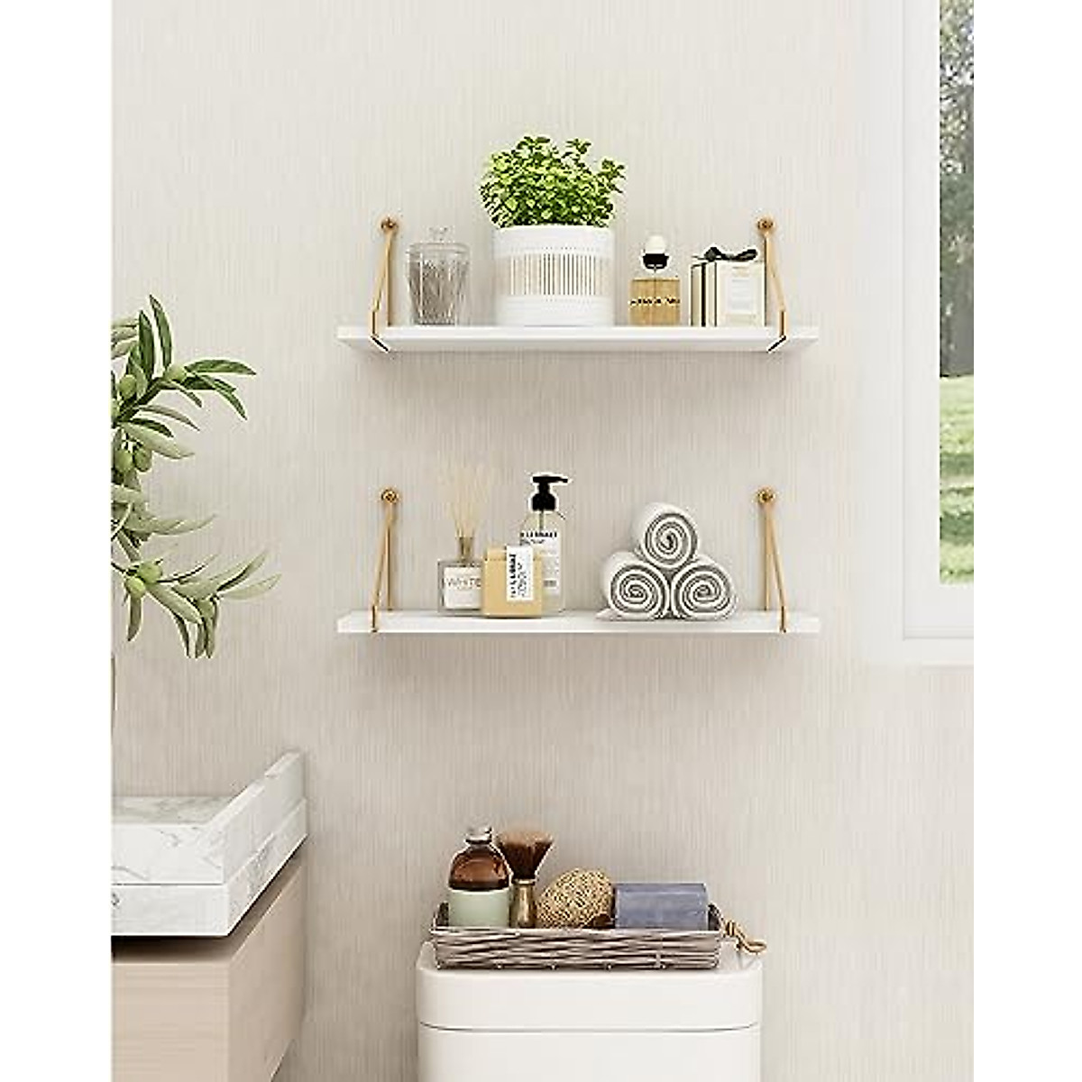 SUMGAR White Floating Shelves 16 Inch Gold Wall Mounted Floating Shelf for Bathroom Bedroom Kitchen Office Set of 2 Modern Wood Haing Shelf for Plant Book Storage and Display
