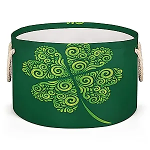 Lucky 4 Leaf Clover Dark Green Large Round Baskets for Storage Laundry Baskets with Handles Blanket Storage Basket for Bathroom Shelves Bins for Organizing Nursery Hamper Girl Boy