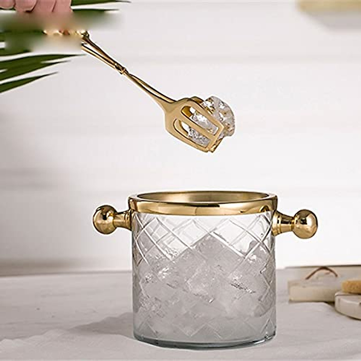MAJHER Ice Bucket, Handmade Brass Glass Ice Bucket with Ice Clip Dining Table Cooler Wine Wine Rack Ice Bucket Champagne Can Cooler Bucket