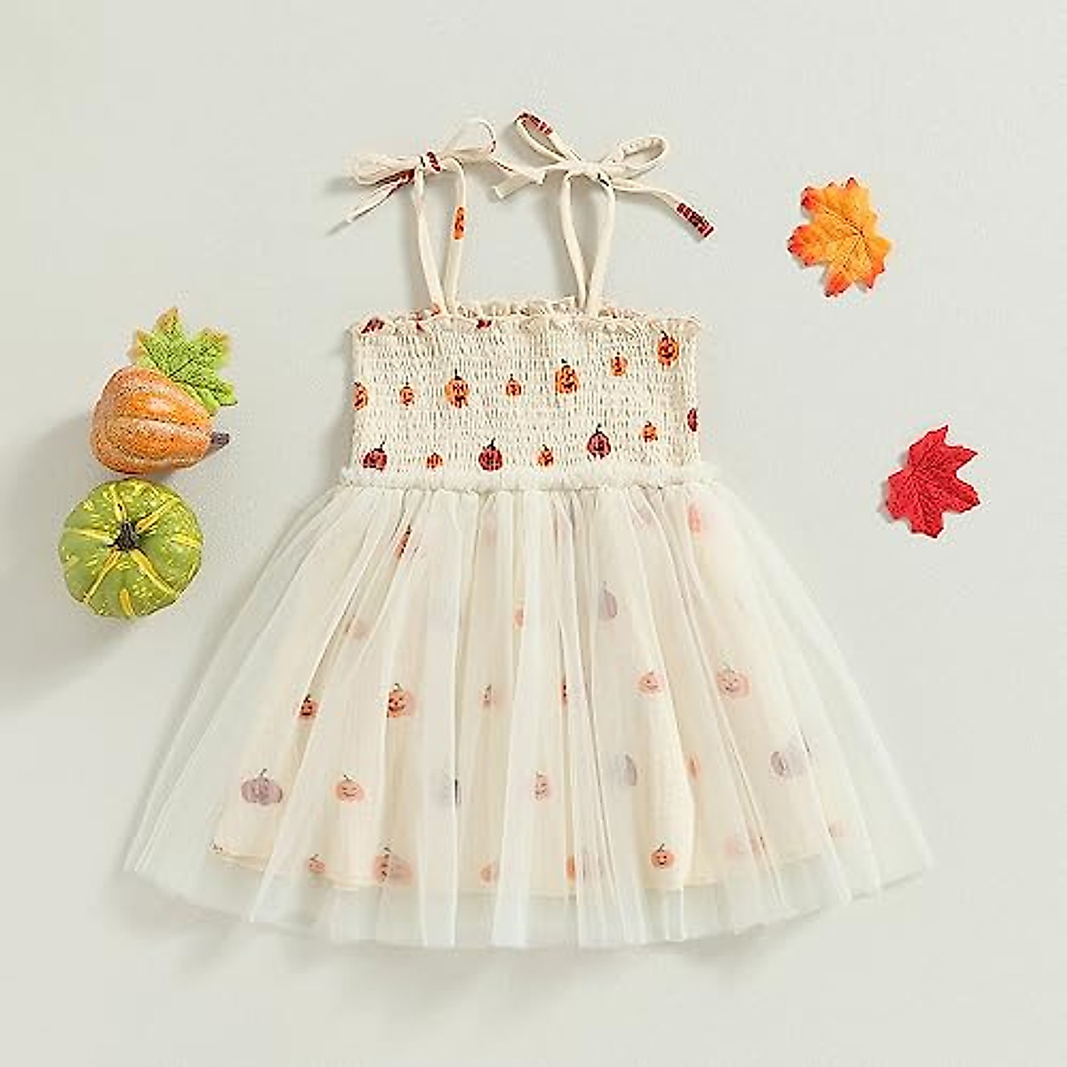 Toddler Baby Girl Halloween Outfit Cotton Linen Sleeveless Pumpkin Print Smocked Strap Tulle Tutu A-line Dress (3-4T,Beige)