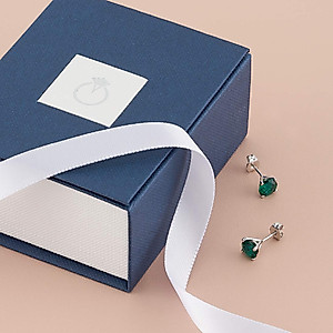 Peora Solid 14K White Gold Created Emerald Solitaire Stud Earrings for Women, Hypoallergenic 1.50 Carats total Round Shape AAA Grade, May Birthstone, Friction Backs