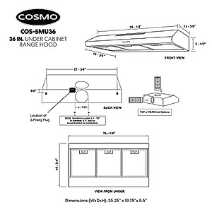 COSMO COS-5MU36 36 in. Delta Collection Ducted Under Cabinet Range Hood, Button Controls, Reusable Filters, LED Lights, Stainless Steel