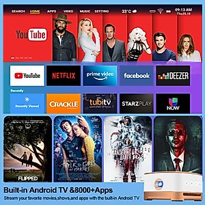 AMOOWA Mini Projector with WiFi Bluetooth: Smart Portable,Built in Rechargeable Battery,1080P HD Support,DLP,4Hour Playtime,Connects to iPhone and Android TV Without HDMI interface RAM/ROM: 1GB+8G