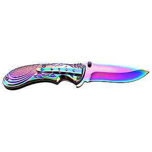 FEMME FATALE – Spring Assisted Open Folding Pocket Knife – Rainbow TiNite Coated Stainless Steel Blade and Handle w/Stamped Rose Design and Pocket Clip, EDC, Self Defense – FF-A008RB