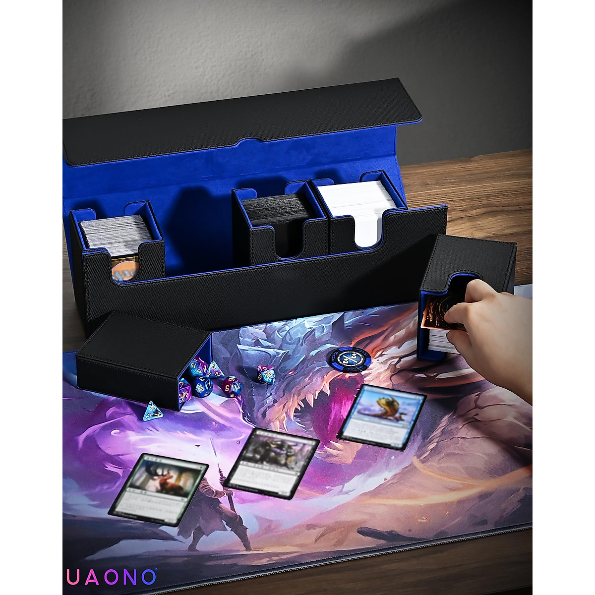 UAONO Card Storage Box with Dice Tray for MTG Yugioh, 5 in 1 Card Deck Case Holds 900+ Unsleeved Cards, Strong Magnet Card Organizer for Magic Commander TCG CCG Sports Cards (Black&Blue)