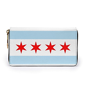 Chicago Flag Ladies Long Wallet Genuine Cowhide Zip Closure Card Slot Wallet