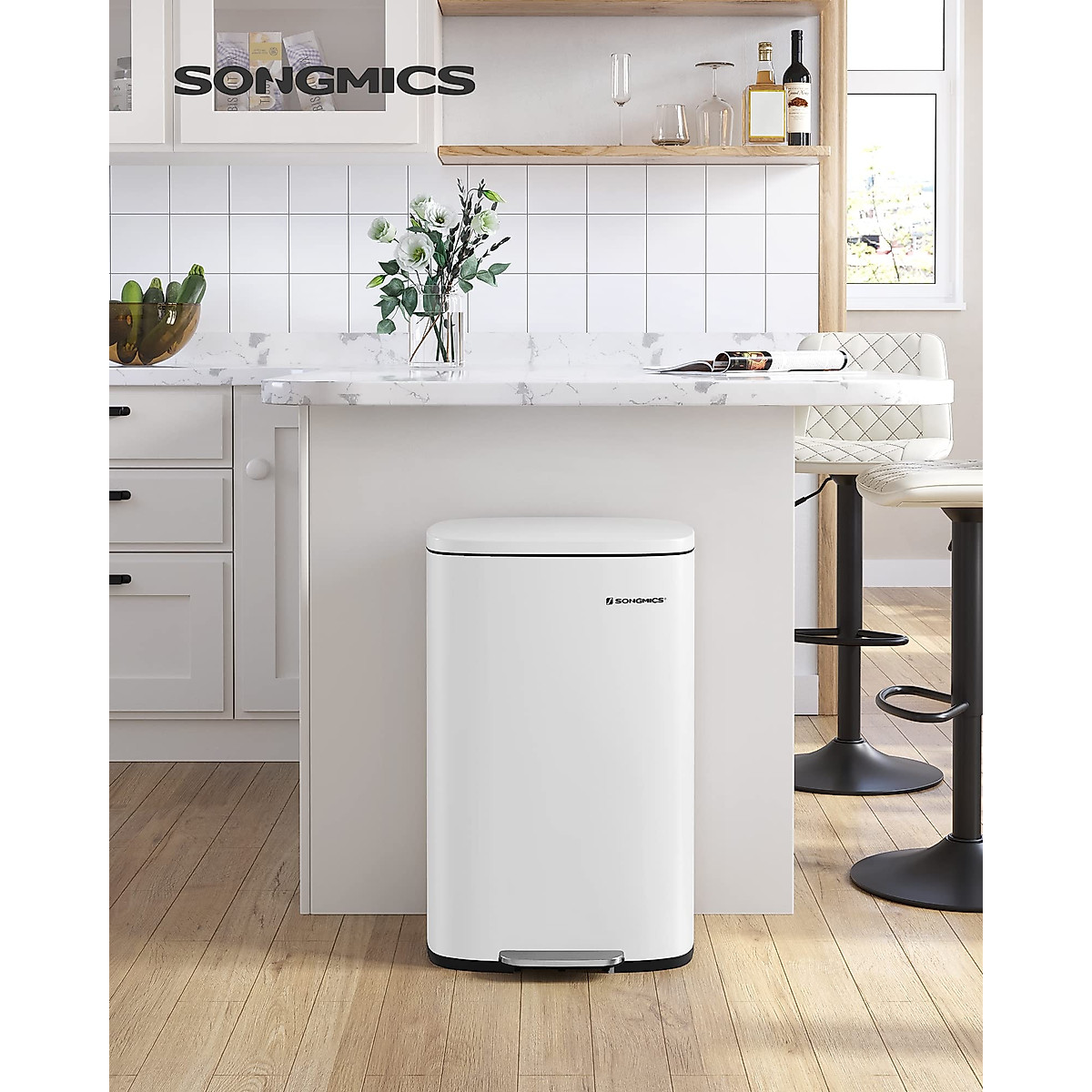 SONGMICS 13 Gallon Trash Can, Stainless Steel Kitchen Garbage Can, Recycling or Waste Bin, Soft Close, Step-On Pedal, Removable Inner Bucket, White ULTB050W01
