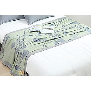 MODUSKYE Muslin Throw Blanket, Bohemian Throw Quilt 78 * 90 Inch Queen Cotton Ginkgo Pattern Ultra Soft Light Reversible Cozy Bedding Coverlet Sofa Throw(Green+Grey)