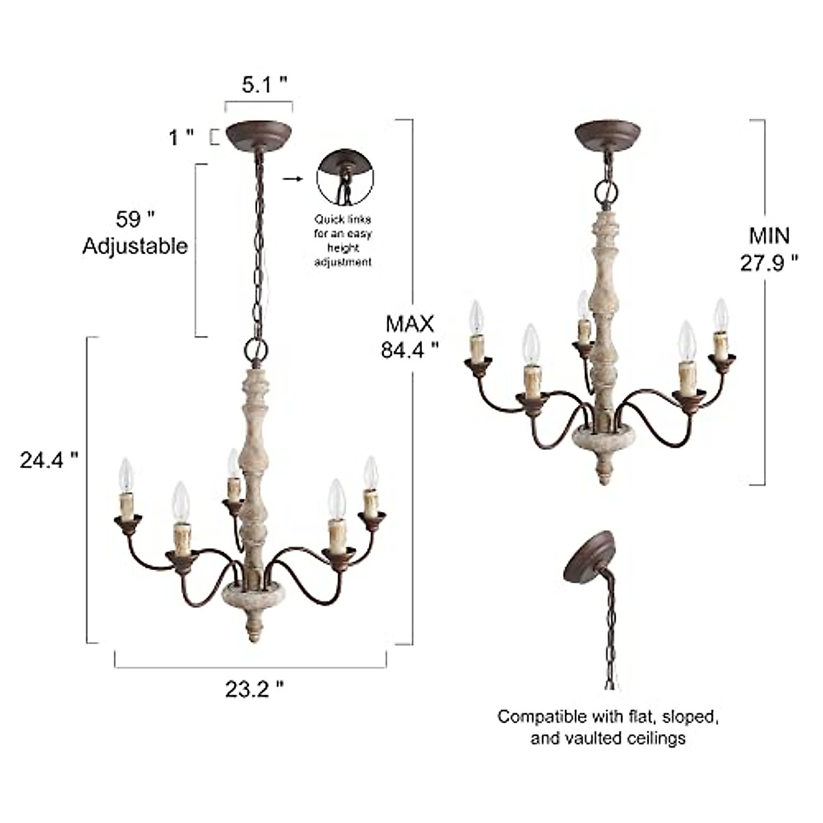 LNC French Country Chandelier, Farmhouse Handmade Distressed Wood 5 Lights Fixture for Dining & Living Room, Bedroom, Kitchen, Stairway, Bathroom