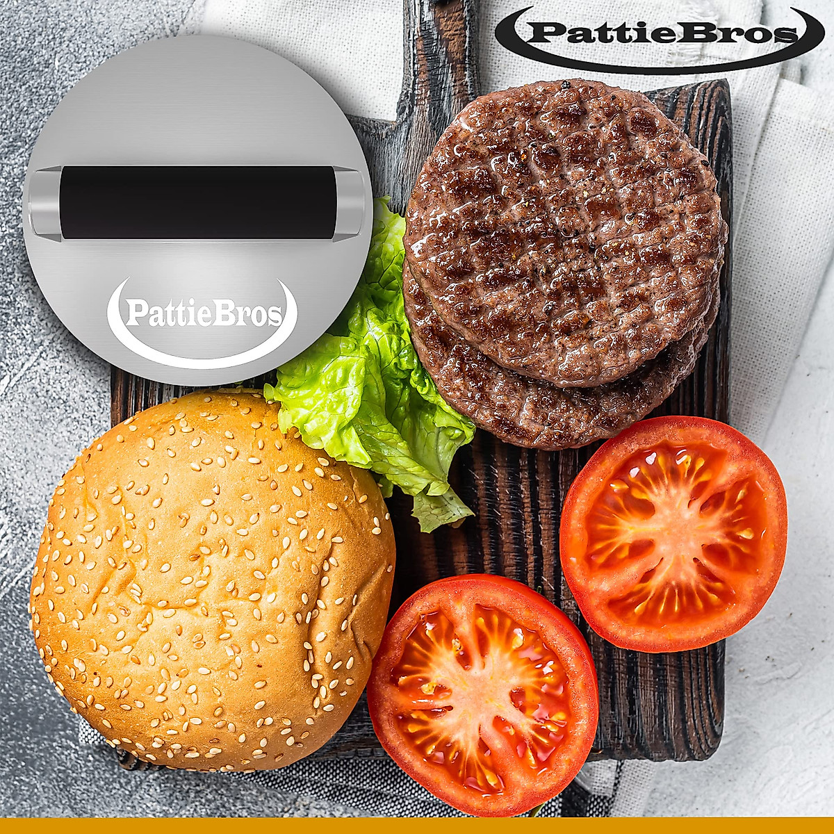 PattieBros Stainless Steel Burger Press 6.2in | Hamburger Press with Rubber Handle | Smash Burger Press for Griddle | Burger Smasher Grill Press | Meat Press | Griddle Accessories Kit | Grill Press
