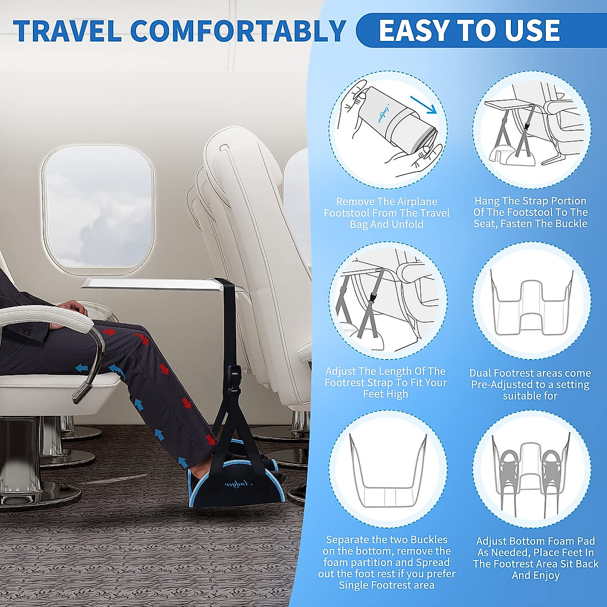 Upgraded Airplane Footrest (Memory Foam), Andyer 2 in 1 Adjustable Foot Rest for Airplane Travel Essentials, Portable Airplane Foot Hammock for Air Plane Flying Long Flight to Relax Your Feet and Leg