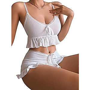 SweatyRocks Women's 2 Piece Lingerie Set Ruffle Trim Tie Front Cami Top and Shorts Sleepwear White S