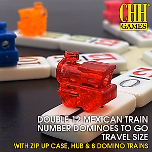 Double 12 Mexican Train Number Dominoes to Go Travel Size with Zip Up Case, Hub & 8 Domino Trains