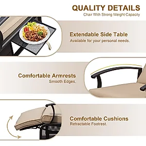 Domi Adjustable Patio Recliner Chair Metal Outdoor Lounge Chair with Flip Table Push Back, Adjustable Angle, Removable Cushions, Support 350lbs, Beige