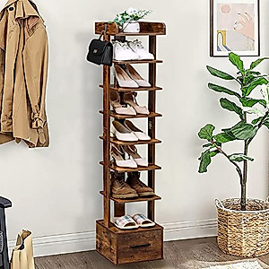usikey 8 Tiers Vertical Shoe Rack, Wooden Narrow Shoe Tower with Bottom Drawer, Tall Shoe Rack Organizer, Space Saving Shoe Storage Shelf Stand for Small Space, Entryway, Rustic Brown